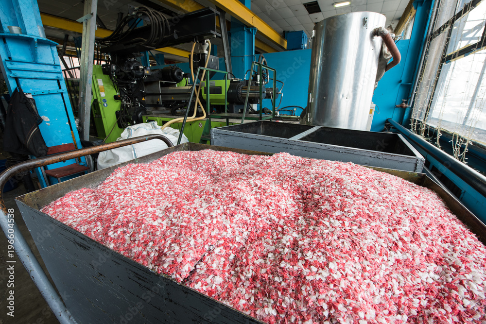 Plastic colored granulated crumb at the plant for processing and ...