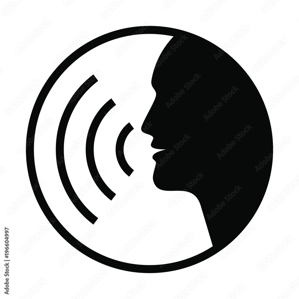 Icon voice command with sound waves. Sign speaking man. Black symbol ...