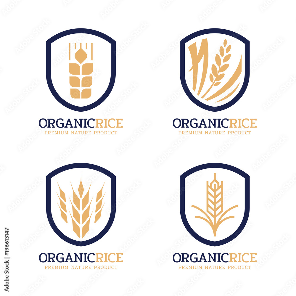 organic rice logo sign with navy gold modern paddy rice in vintage ...