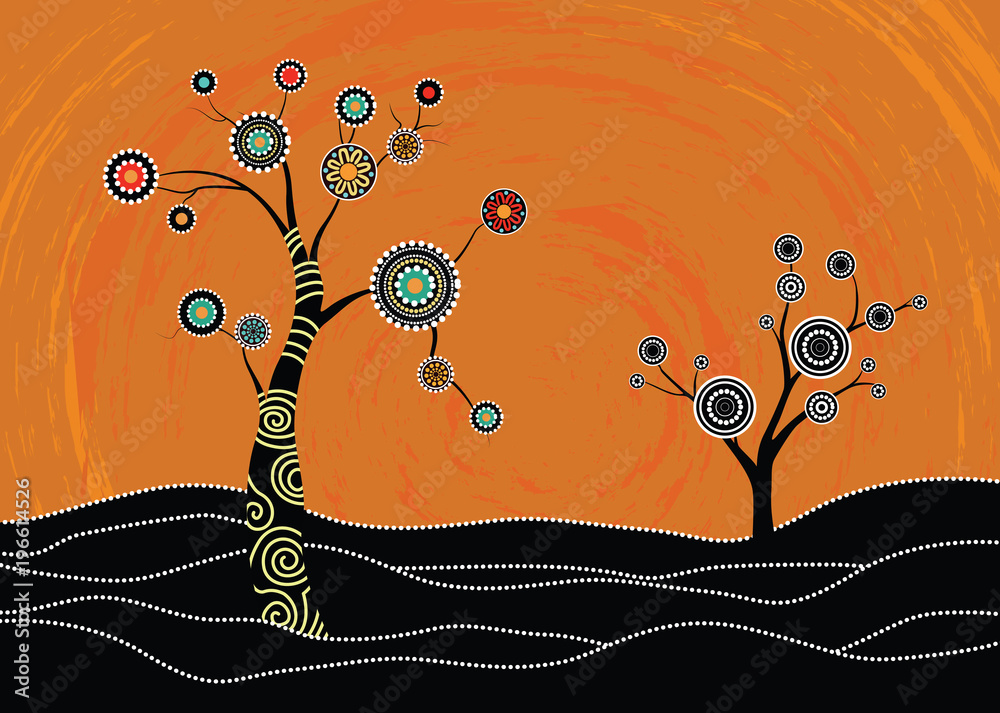 Tree on the hill, Aboriginal tree, Aboriginal art vector painting with ...