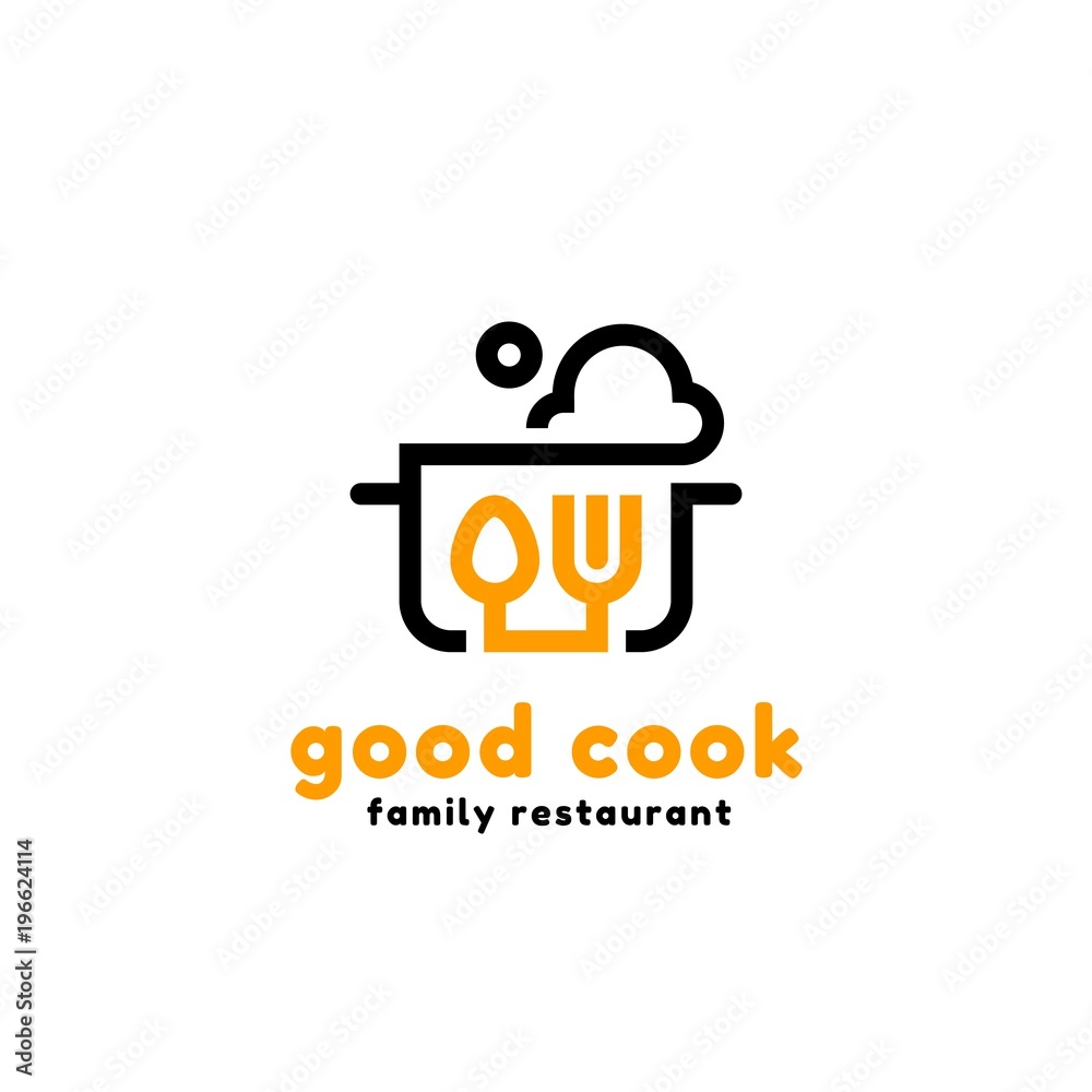 Vector line logotype of pan with steam, spoon and fork. Logo concept ...