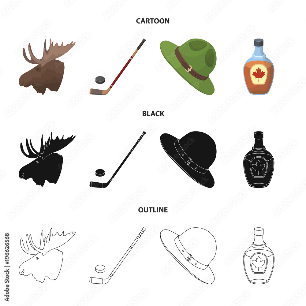 A canadian policeman hat, a bottle of maple syrup and other Canadian ...