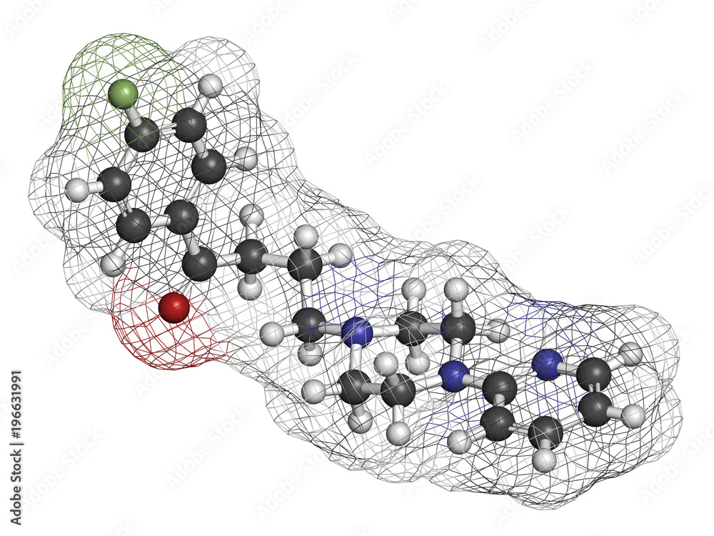 Azaperone antipsychotic drug molecule. 3D rendering. Atoms are ...