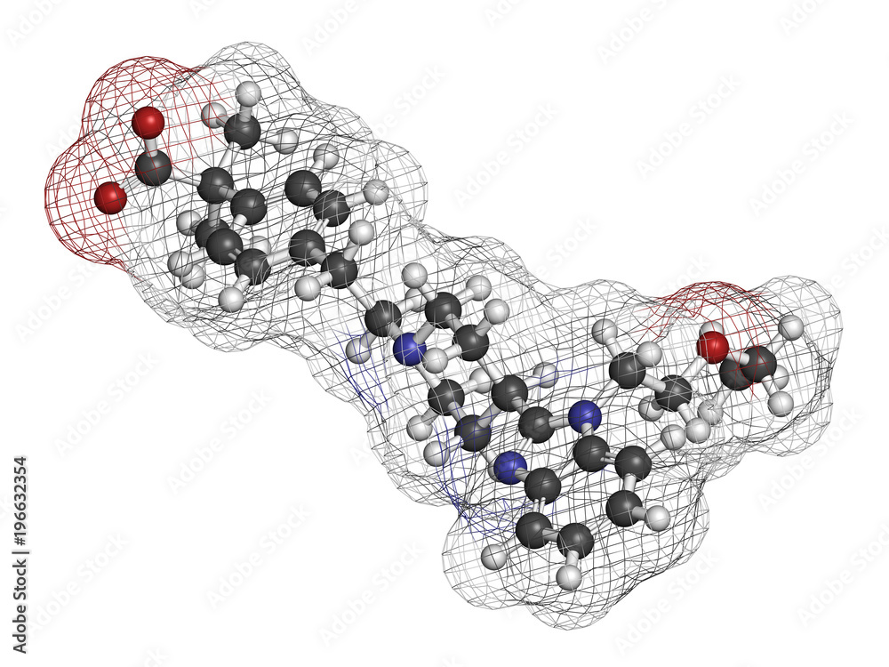 Bilastine antihistamine drug molecule. 3D rendering. Atoms are ...