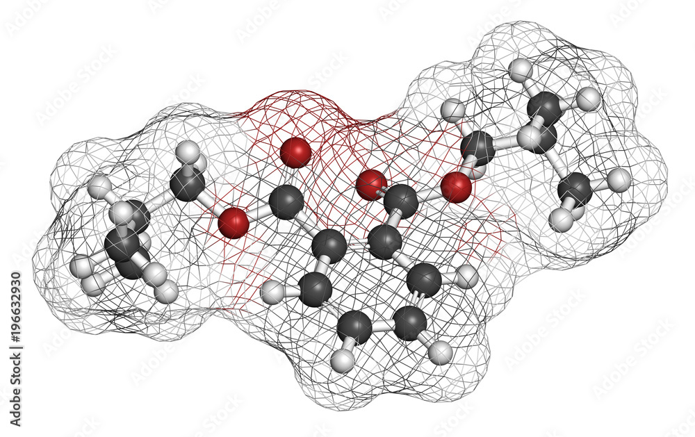 Diisobutyl phthalate (DIBP) plasticizer molecule. 3D rendering. Atoms ...