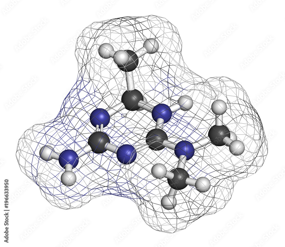 Imeglimin diabetes drug molecule. 3D rendering. Atoms are represented ...