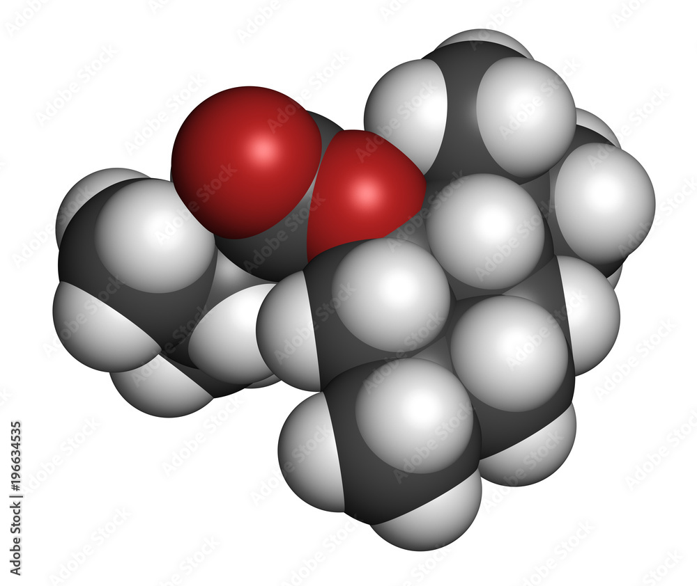 Menthyl isovalerate drug molecule. 3D rendering. Atoms are represented ...