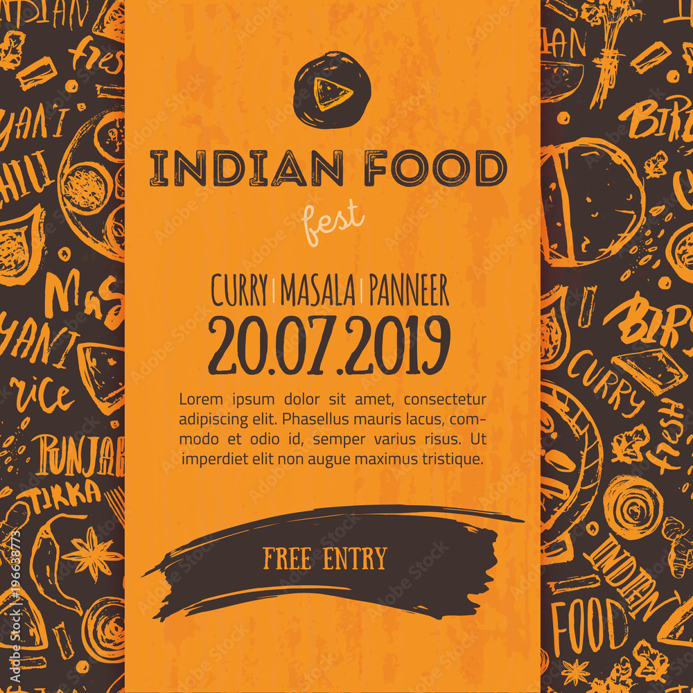 Indian Food menu background with lettering. Modern Sketch Flyer for ...