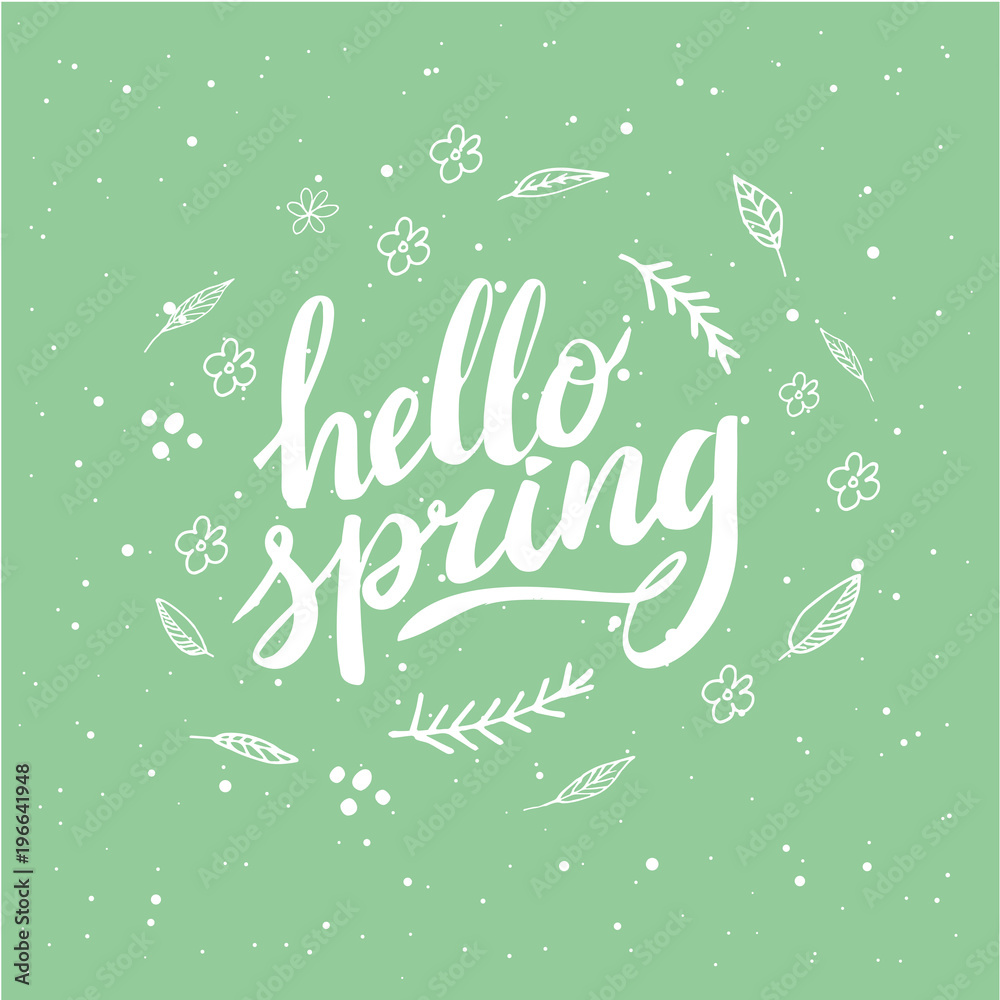 Hello Spring. Hand drawn calligraphy and brush pen lettering. design ...