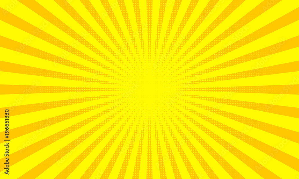 Yellow sunbeams or sun rays background with dots pop art design. Vector ...