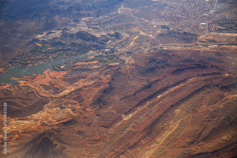 The rocky and desolate countryside of Las Vegas viewed from the heights ...