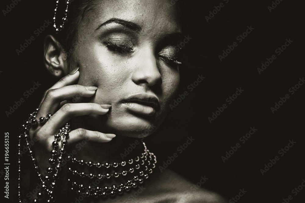 beautiful woman wearing chain jewellery in black and white photo Stock ...