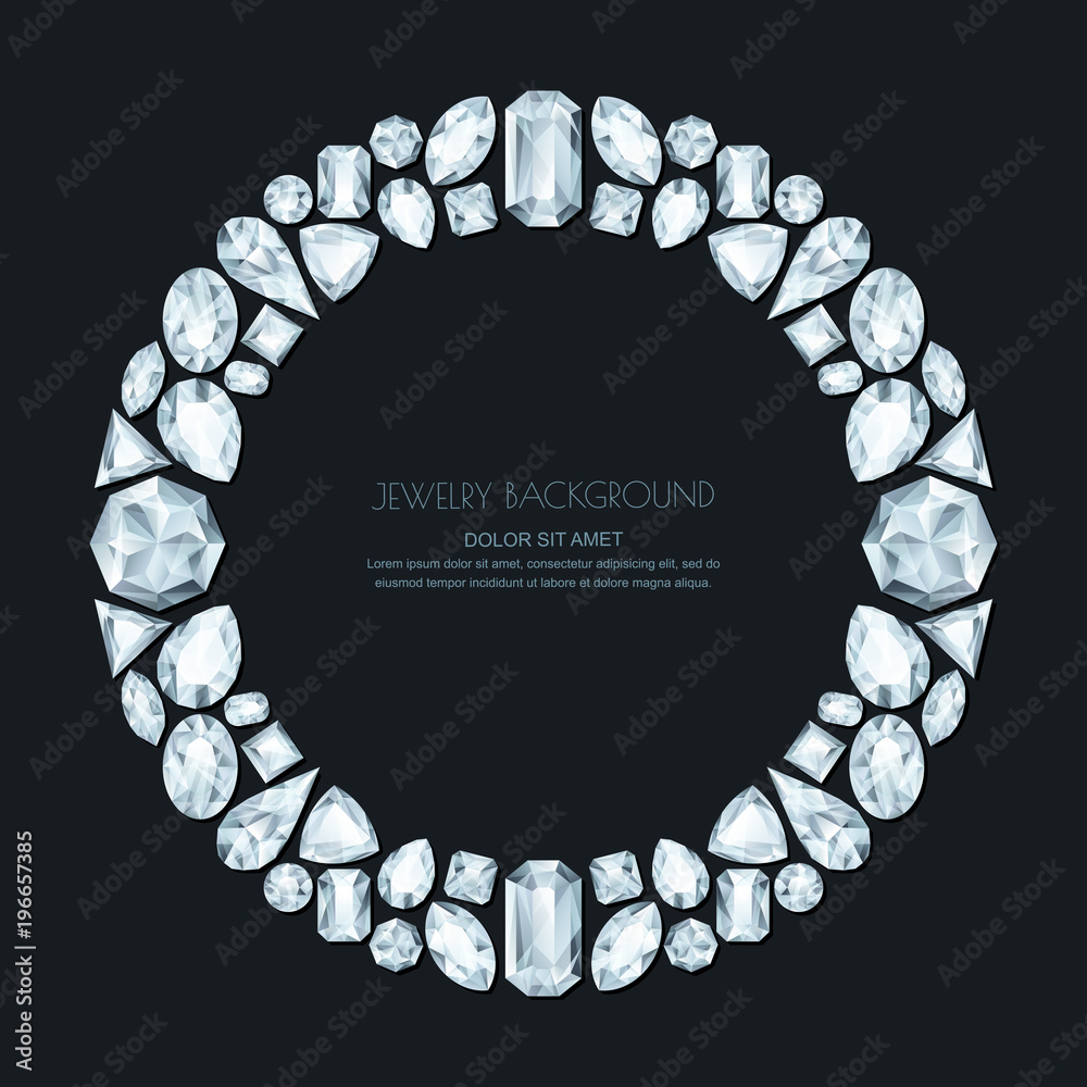 Vector circle frame from realistic silver gems and jewels on black ...
