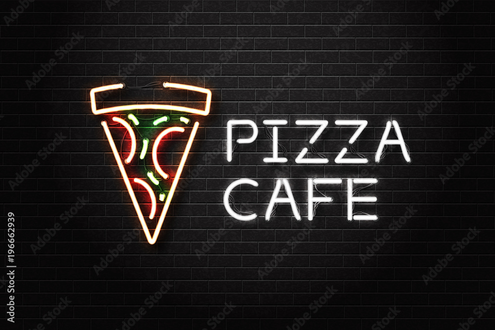 Vector realistic isolated neon sign of pizza cafe for decoration and ...