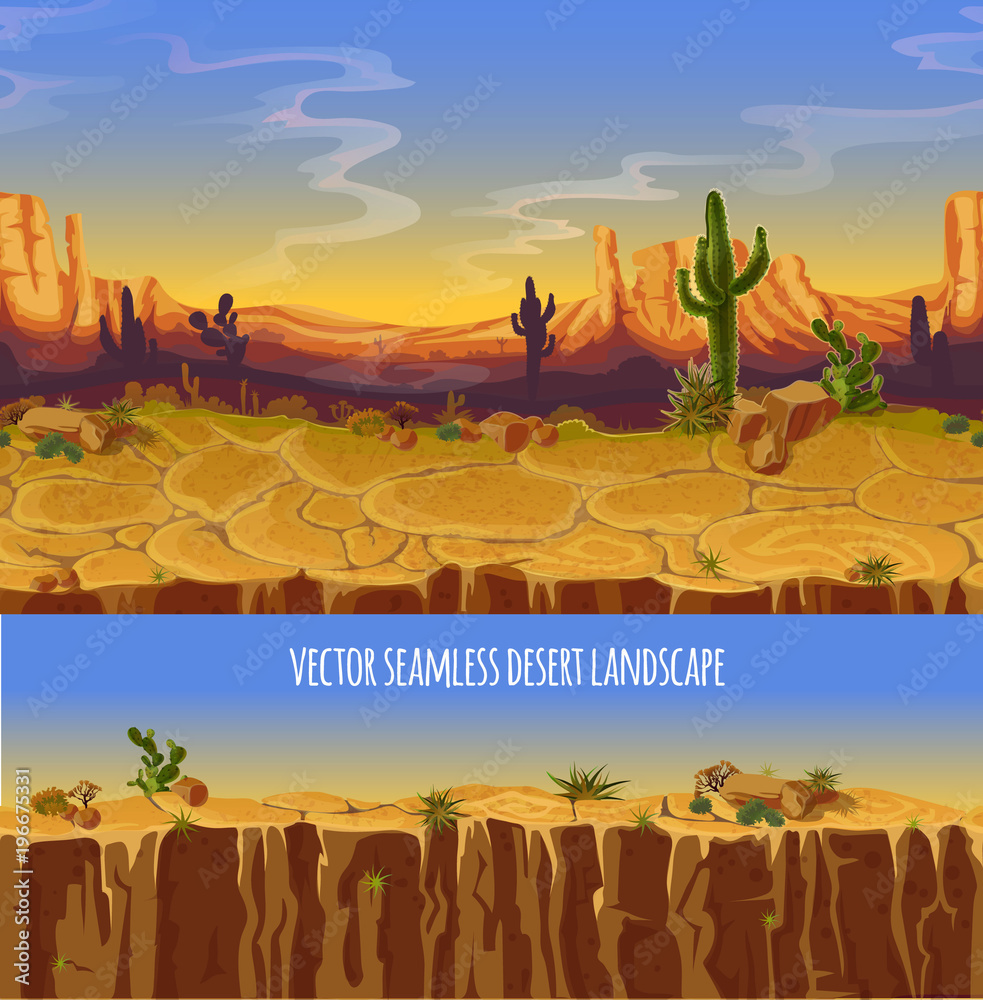Vector seamless desert landscape. Cartoon poster, banner for game ...