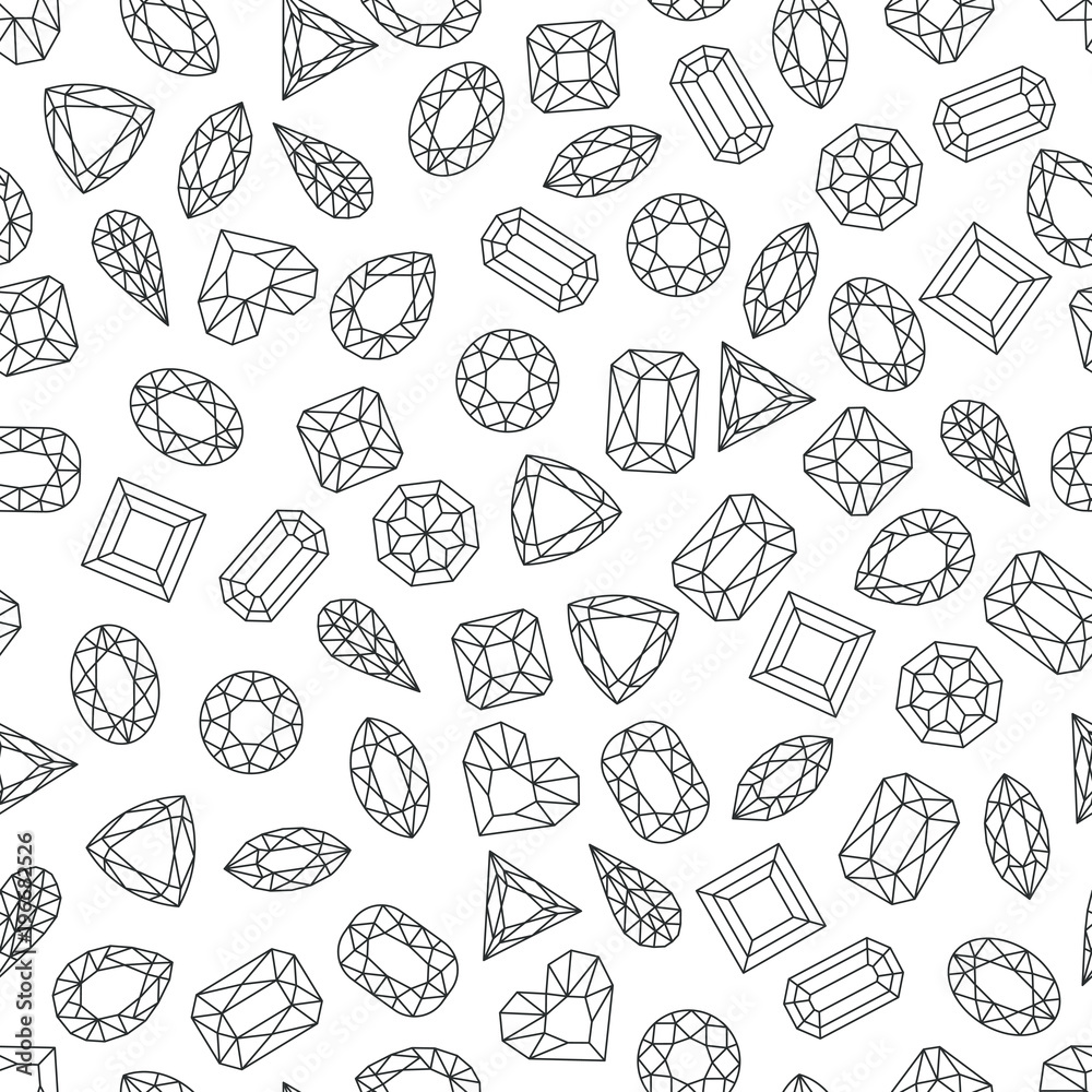 Vector black white seamless pattern with line gems and jewels. Linear ...