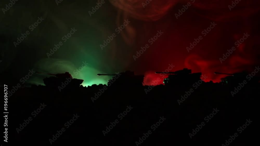 Slider shot. War Concept. Armed forces fighting scene on war fog sky ...
