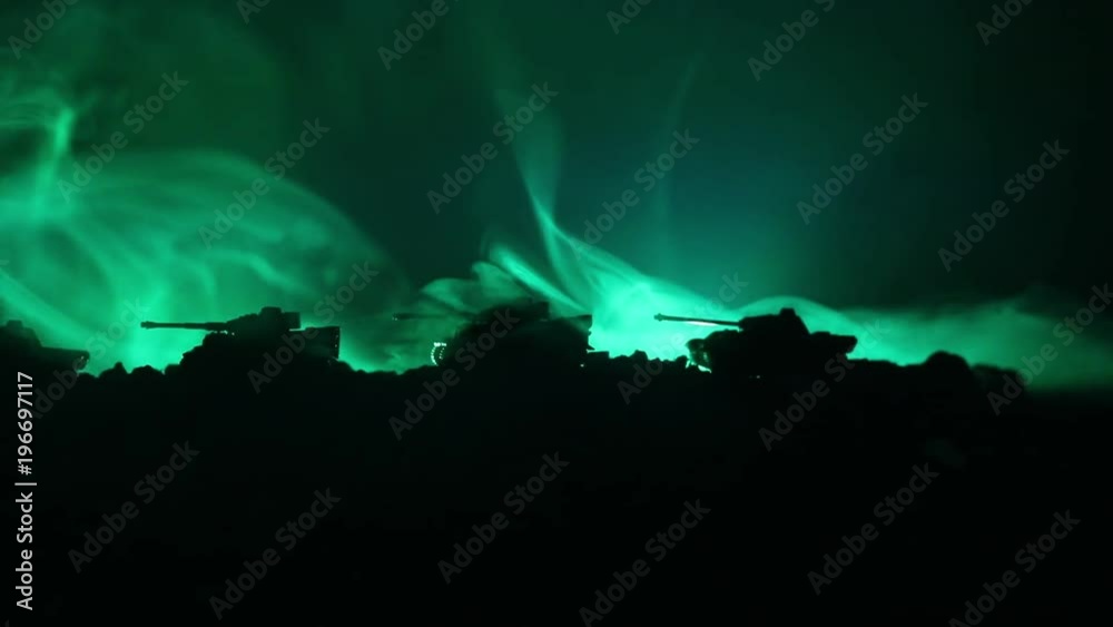 Slider shot. War Concept. Armed forces fighting scene on war fog sky ...