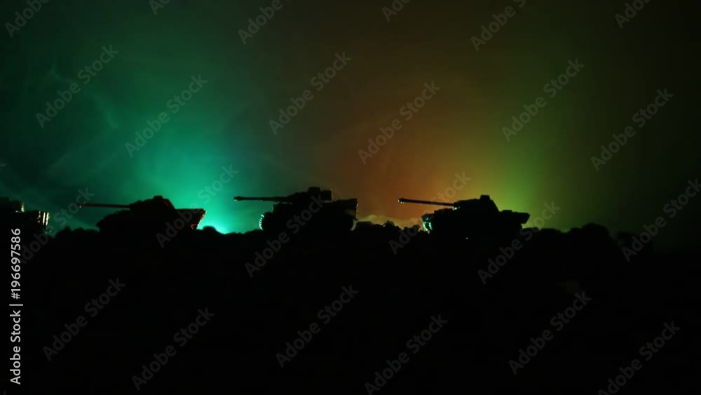 Slider shot. War Concept. Armed forces fighting scene on war fog sky ...