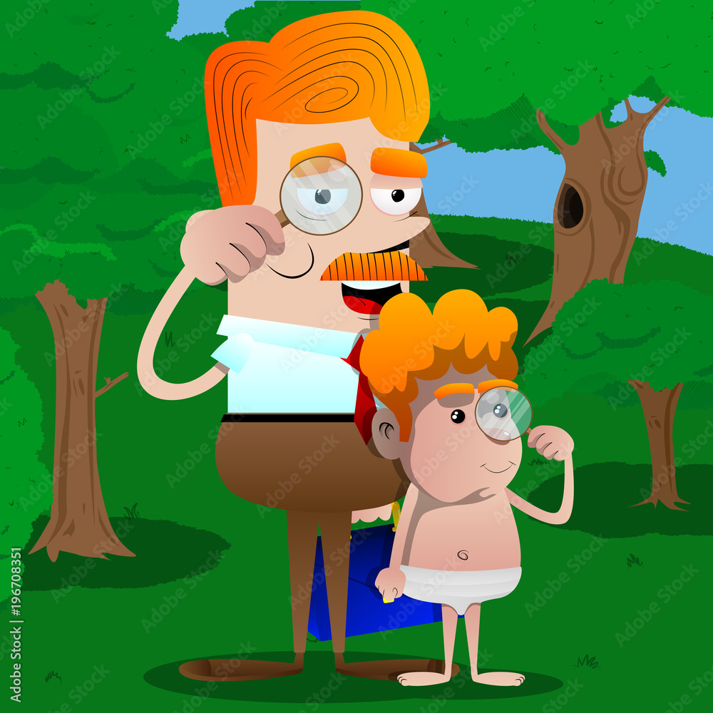 Happy smiling successful businessman and father holding a magnifying ...