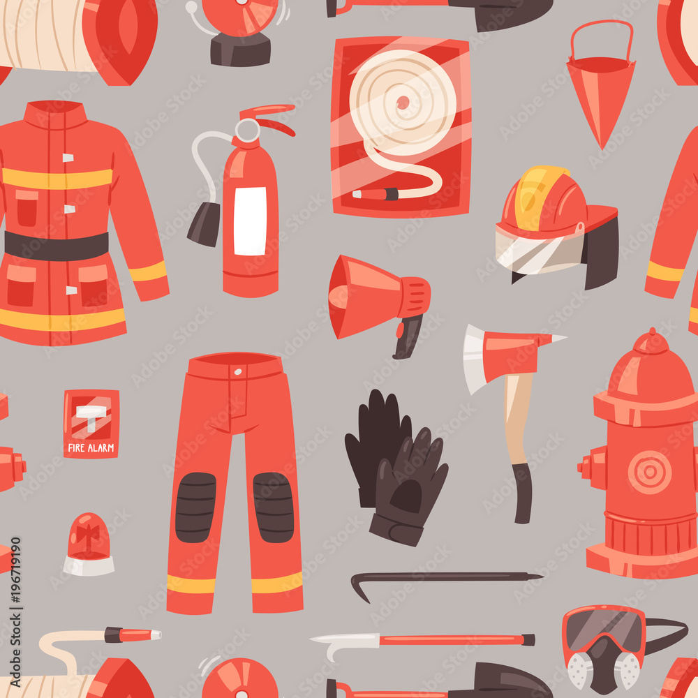 Firefighter vector firefighting equipment firehose hydrant and fire extinguisher illustration ...