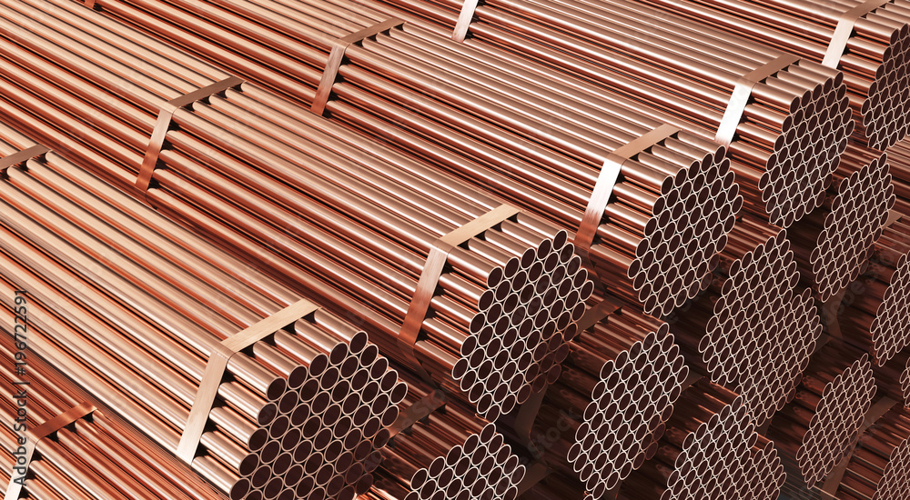 Stack of copper pipes in warehouse. Rolled metal products. 3d ...