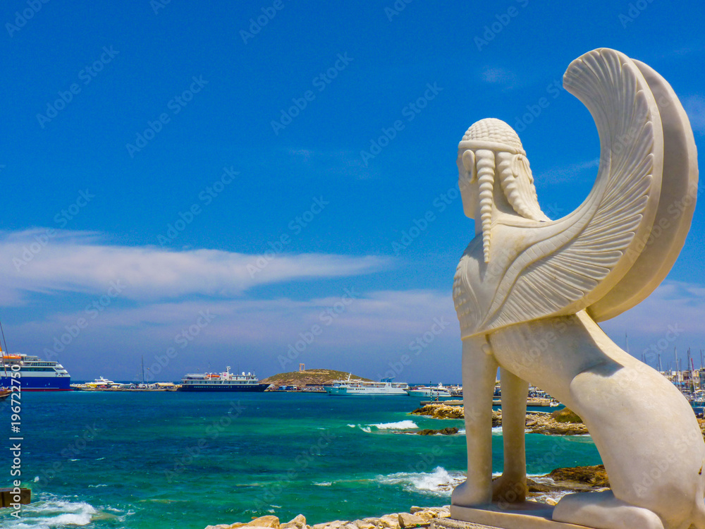 The Naxos (Naxian) Sphinx statue in port of Naxos Island, Cyclades ...
