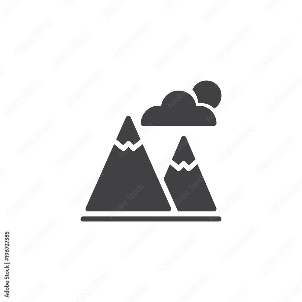 Snowy mountain peaks and clouds vector icon. filled flat sign for ...
