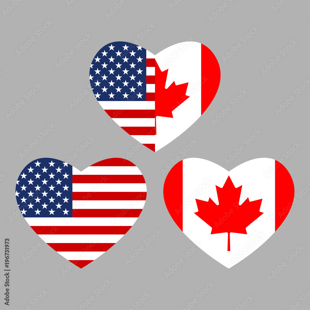 US and Canada flags icon in the heart shape. American and Canadian ...