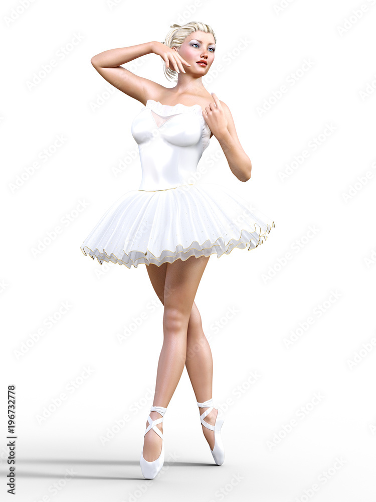 Dancing ballerina 3D. White ballet tutu. Blonde girl with blue eyes ...