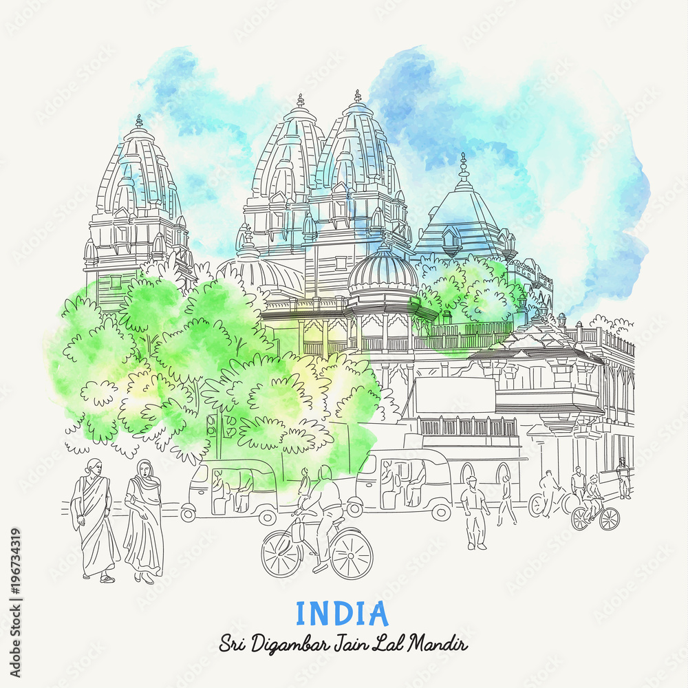 Delhi, India. India street views. Hand drawn architectural background ...