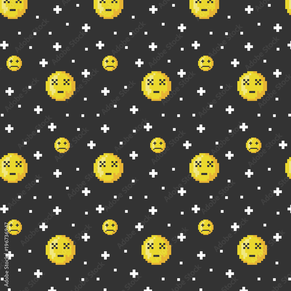 Pattern ornament with pixel art sad yellow smile and black cross on ...