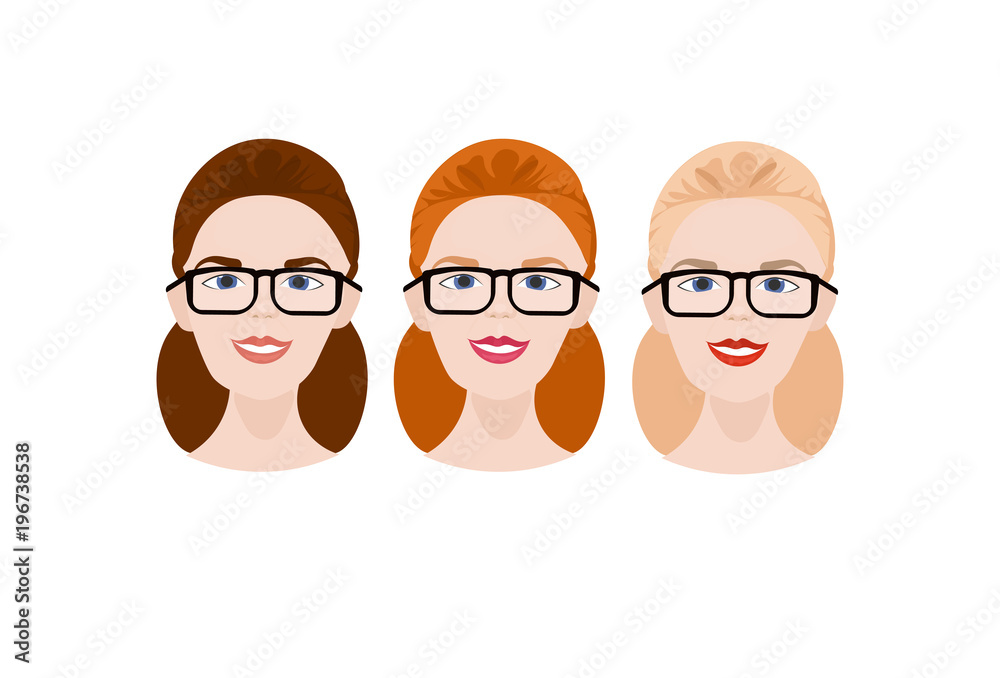Set Of Woman In Glasses Profile Icon Female Face Avatar Flat Vector Illustration Stock Vector