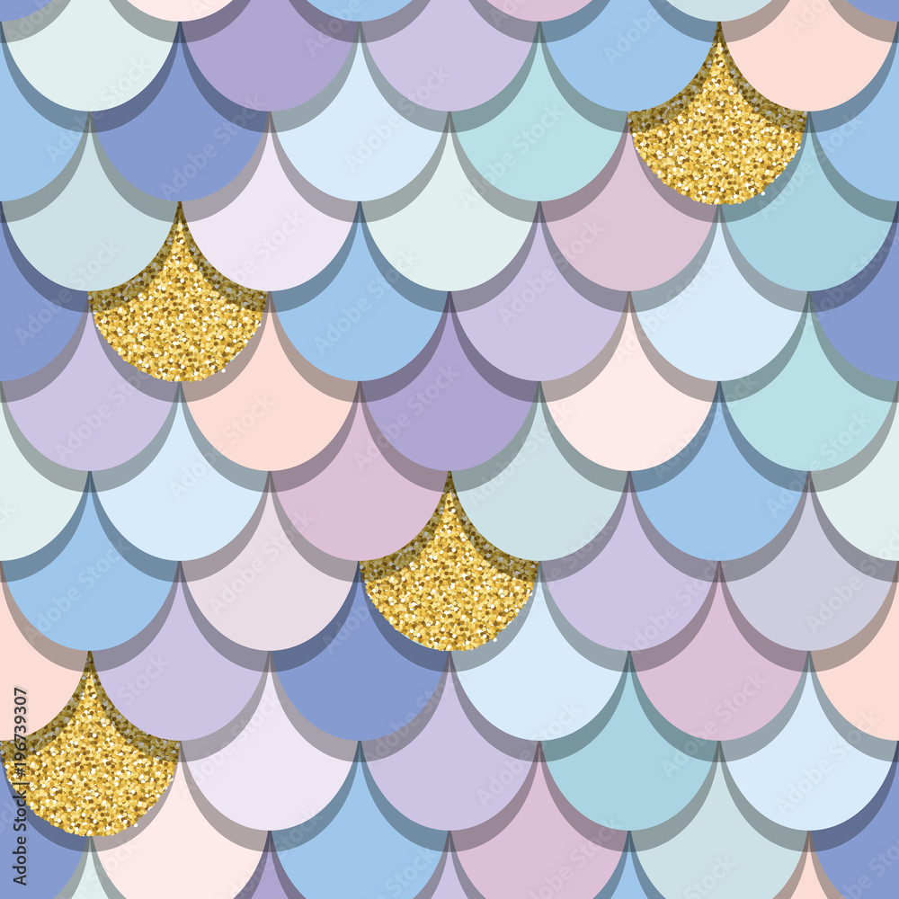 Mermaid tail seamless pattern with gold glitter elements. Colorful fish ...