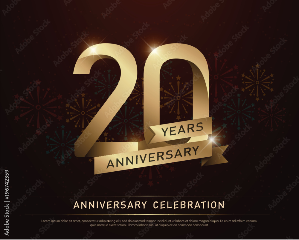 20th years anniversary celebration gold number and golden ribbons with ...