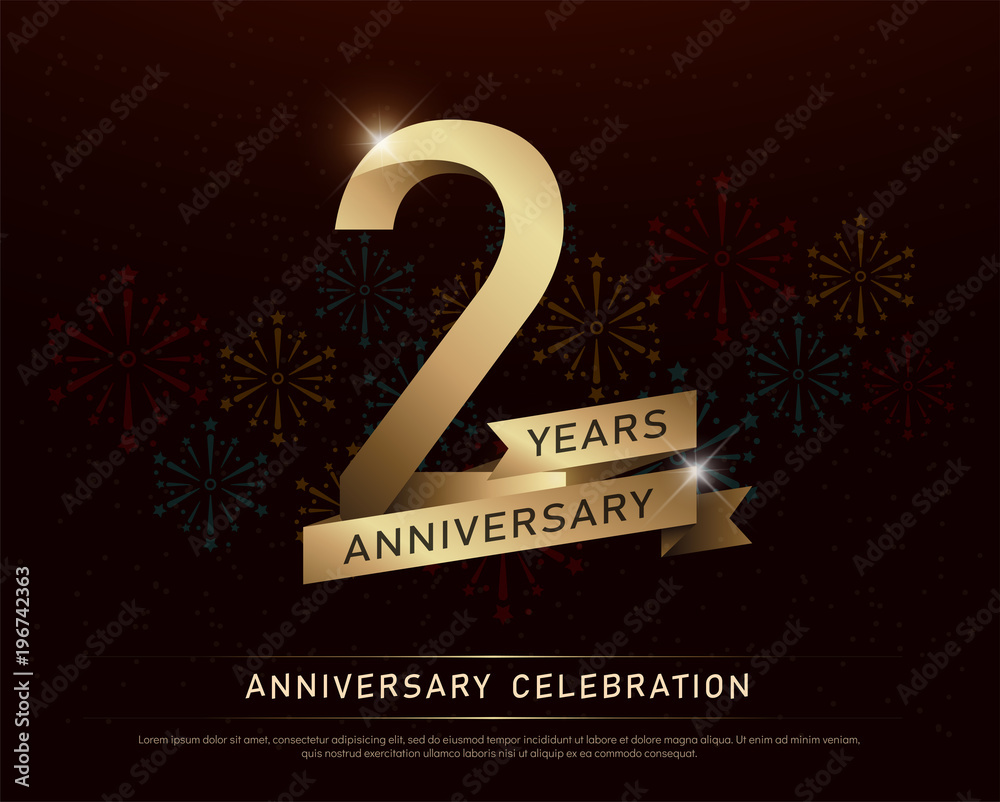 2nd years anniversary celebration gold number and golden ribbons with ...