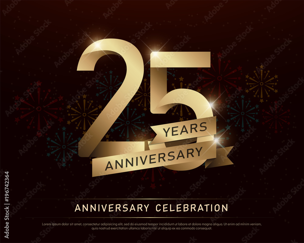 25th years anniversary celebration gold number and golden ribbons with ...