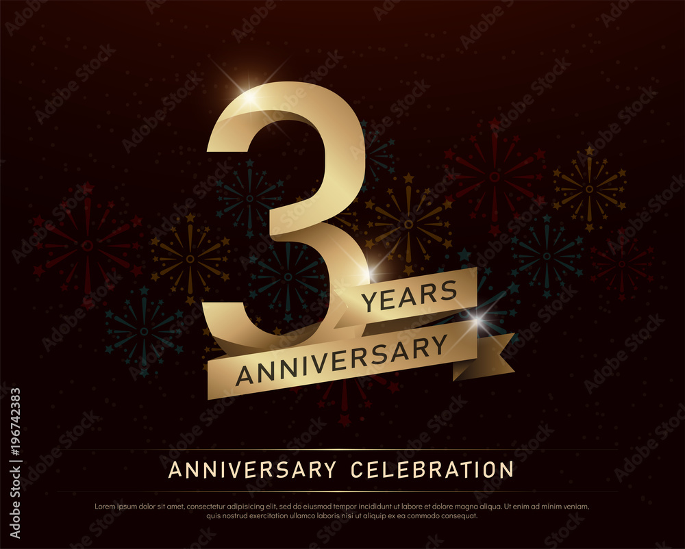 3rd years anniversary celebration gold number and golden ribbons with ...