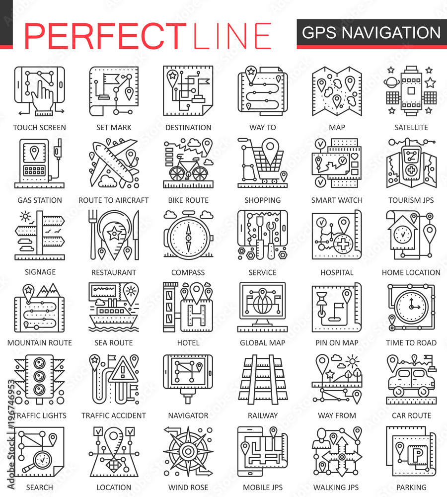 Navigation outline mini concept symbols. GPS location map modern stroke ...