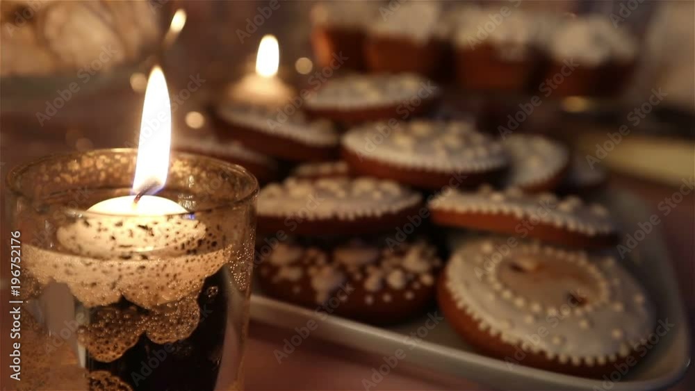 Candy bar in the restaurant, children's party, birthday, lighted candle ...