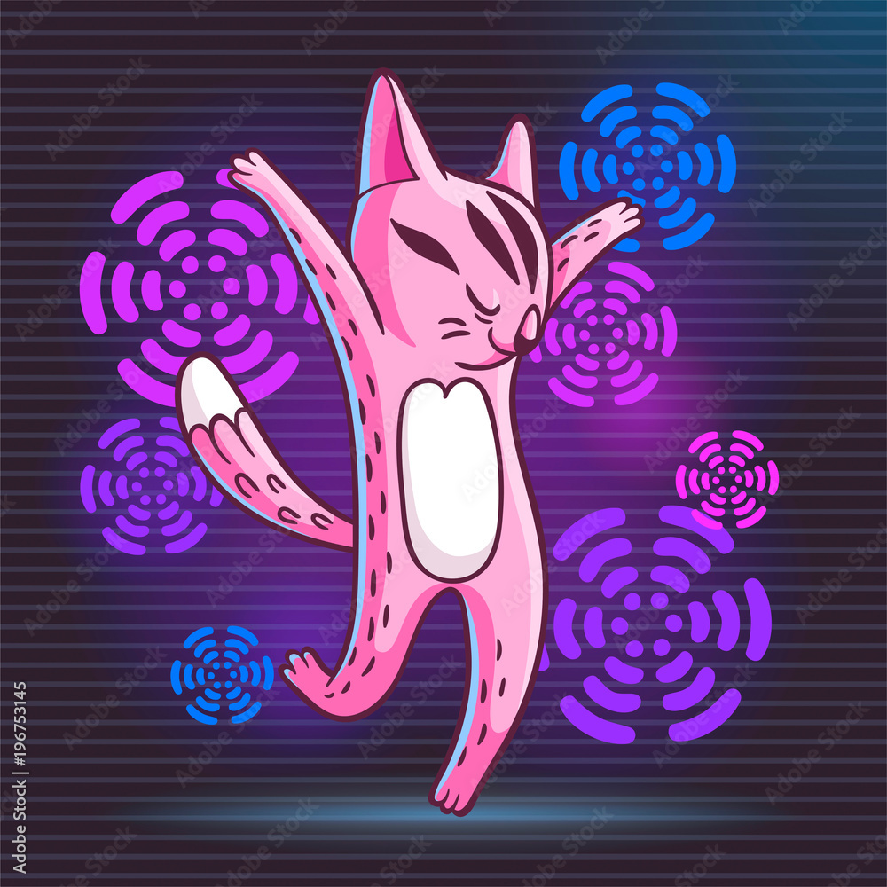 Vector hand drawn illustration of funny dancing cat on disco party ...