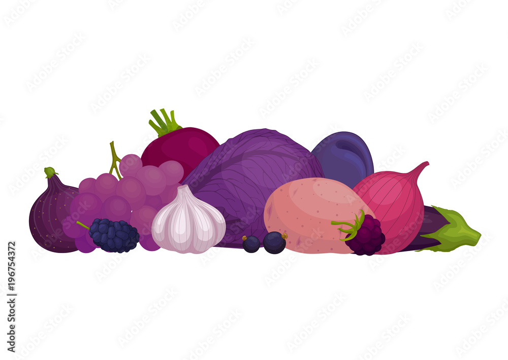 Vector vegetables and fruits of all shades of violet on a white ...