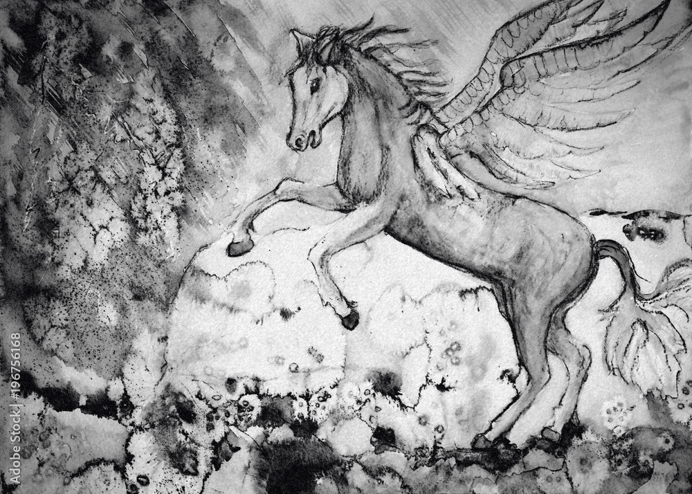 Drawing of prancing horse in black and white. The dabbing technique ...