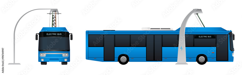 Blue electric bus with pantograph is charging on a charging station ...