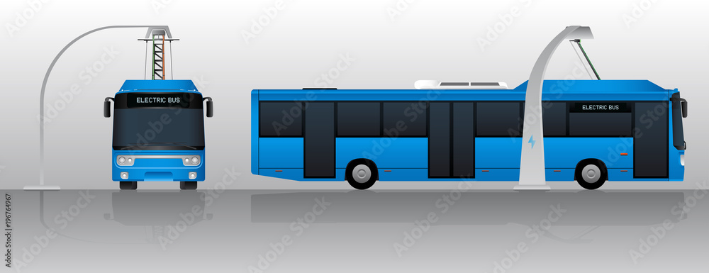 Blue electric bus with pantograph is charging on a charging station ...