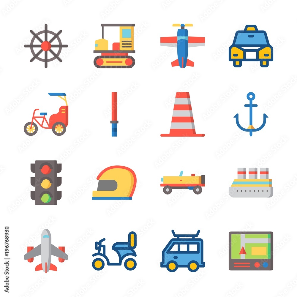 icon Transportation with traffic light, stick, cone, gps and bike Stock ...