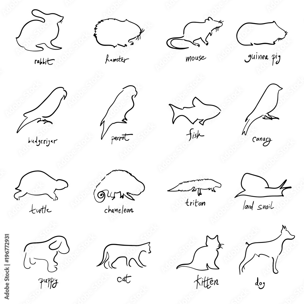 set of animals vector illustration sketch hand drawn with black lines ...