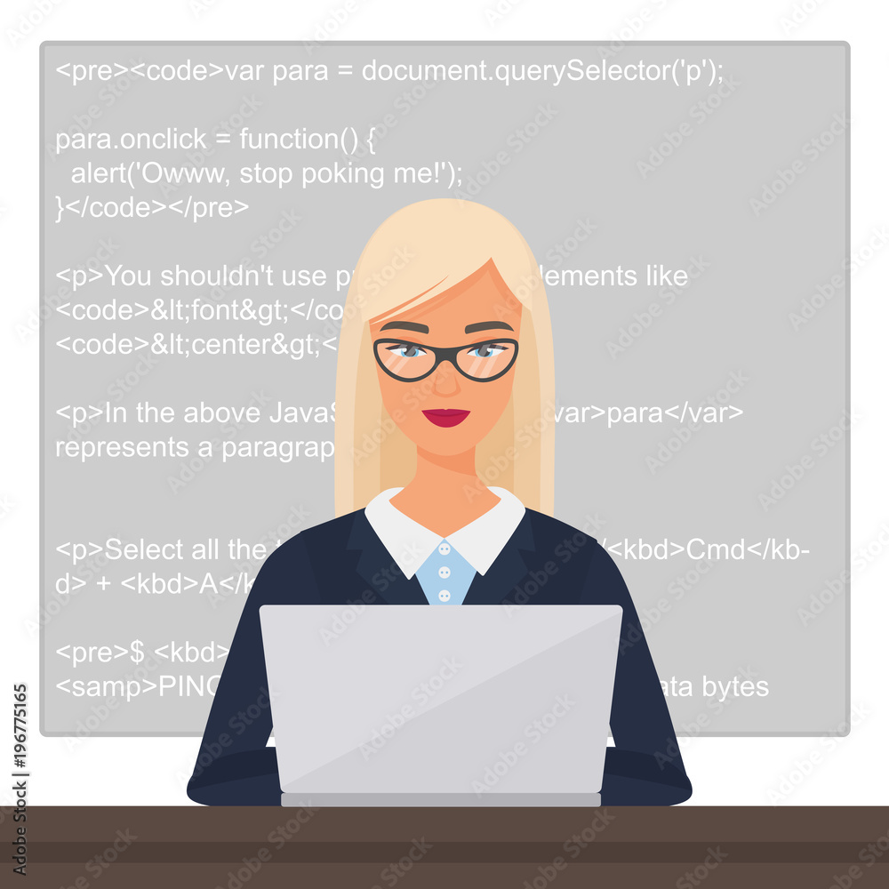 Vector young pretty beautiful blond lady black programmer sitting at ...