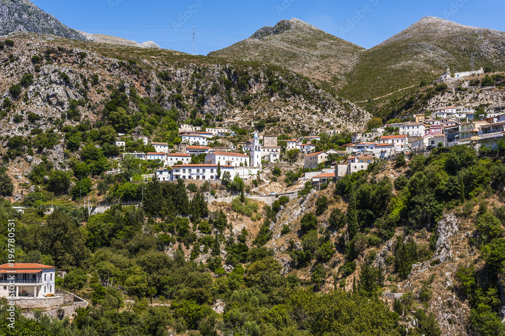 Scenic Dhermi mountain village with school building (in albanian ...