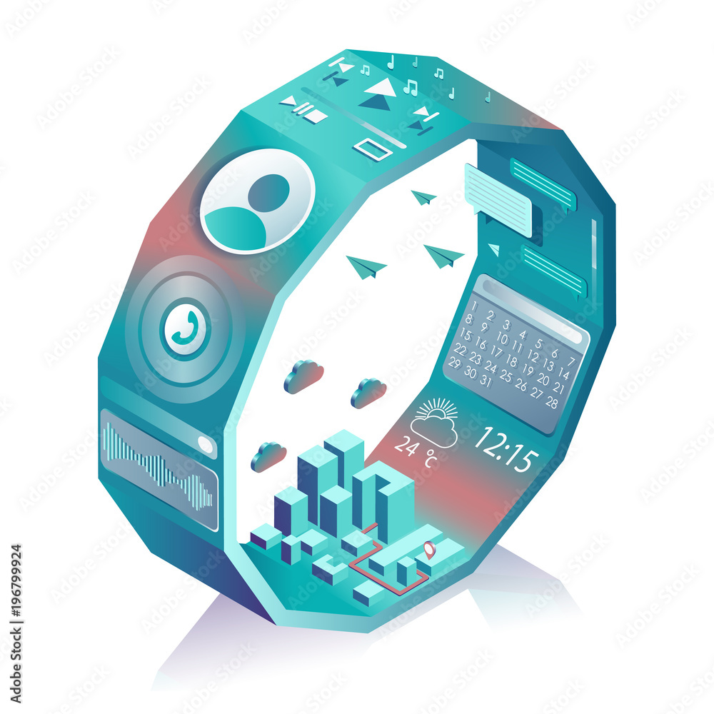 Isometric stylized smart watch. Smart web interface with different apps ...